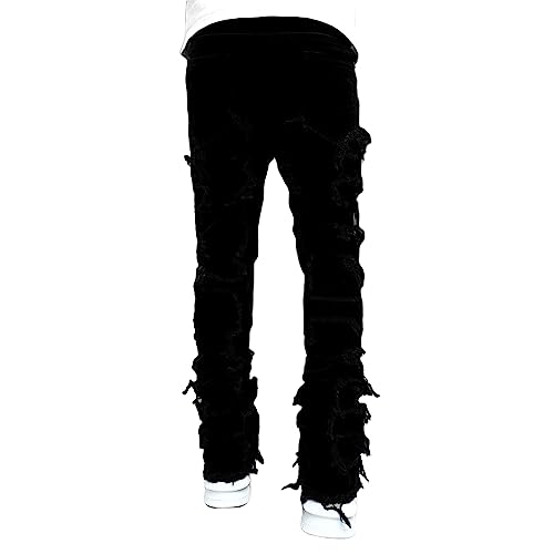 Giraropa Mens Black Stacked Jeans Slim Fit Skinny Ripped Jeans Destroyed Straight Denim Pants Harajuku Hip Hop Trousers Streetwear (Black, L)