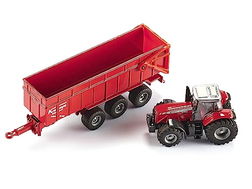 Massey Ferguson 8480 Dyna VT Tractor Red with Silver Top and Krampe Dump Trailer Red 1/87 (HO) Diecast Models by Siku SK1844