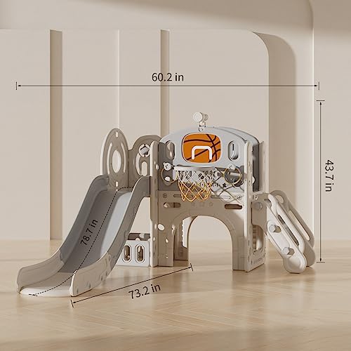 UNICOO Kids Slide Playset, Toddlers Playground, Kids Playhouse with Slide, Tunnel, Basketball, Climber and Storage Space (Playhouse White + Grey)