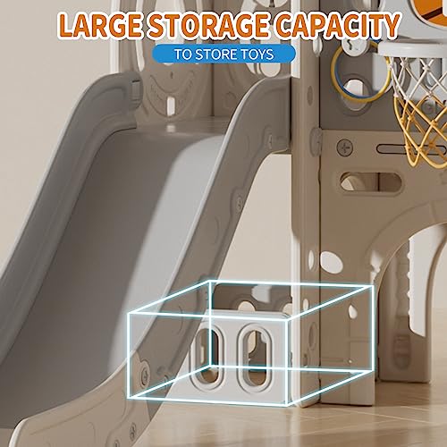 UNICOO Kids Slide Playset, Toddlers Playground, Kids Playhouse with Slide, Tunnel, Basketball, Climber and Storage Space (Playhouse White + Grey)