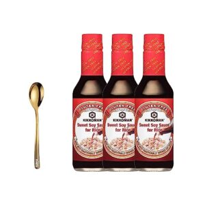 kikkoman sweet soy sauce for rice 10 fl oz (pack of 3) with moofin golden ss spoon - gluten free kecap manis sweet soy sauce kikkoman