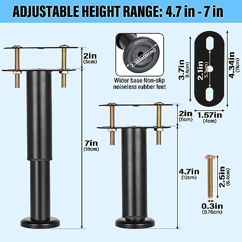 RealPlus 4pcs Adjustable Bed Frame Support Legs, Heavy Duty Metal Bed Center Slat Support Legs with Wider Base (4.7"-7")