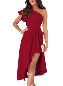 dokotoo one shoulder dresses for women elegant ruffle empire waist asymmetrical hi-lo hem solid zipper up bodycon party wedding guest midi semi formal dresses red large