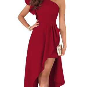 Dokotoo One Shoulder Dresses for Women Elegant Ruffle Empire Waist Asymmetrical Hi-Lo Hem Solid Zipper Up Bodycon Party Wedding Guest Midi Semi Formal Dresses Red Large