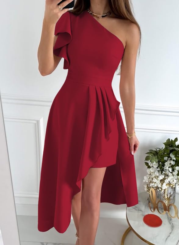 Dokotoo One Shoulder Dresses for Women Elegant Ruffle Empire Waist Asymmetrical Hi-Lo Hem Solid Zipper Up Bodycon Party Wedding Guest Midi Semi Formal Dresses Red Large