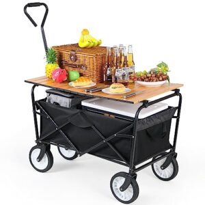 arlopu collapsible wagon with folding table, heavy duty portable garden cart w/aluminum alloy table combo, outdoor utility camping cart w/metal board desktop for shopping, picnic, 150 lbs, balck