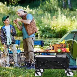 Arlopu Collapsible Wagon with Folding Table, Heavy Duty Portable Garden Cart w/Aluminum Alloy Table Combo, Outdoor Utility Camping Cart w/Metal Board Desktop for Shopping, Picnic, 150 LBS, Balck