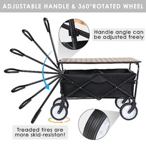 Arlopu Collapsible Wagon with Folding Table, Heavy Duty Portable Garden Cart w/Aluminum Alloy Table Combo, Outdoor Utility Camping Cart w/Metal Board Desktop for Shopping, Picnic, 150 LBS, Balck