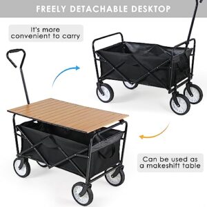 Arlopu Collapsible Wagon with Folding Table, Heavy Duty Portable Garden Cart w/Aluminum Alloy Table Combo, Outdoor Utility Camping Cart w/Metal Board Desktop for Shopping, Picnic, 150 LBS, Balck