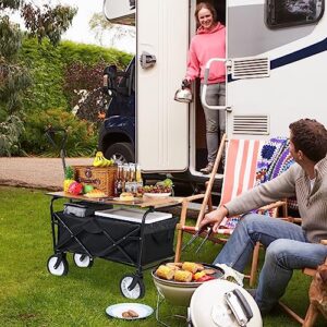 Arlopu Collapsible Wagon with Folding Table, Heavy Duty Portable Garden Cart w/Aluminum Alloy Table Combo, Outdoor Utility Camping Cart w/Metal Board Desktop for Shopping, Picnic, 150 LBS, Balck