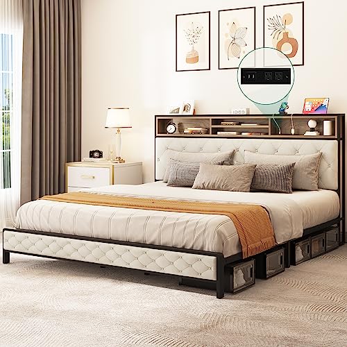 YITAHOME King Size Bed Frame, Platform Bed Frame with Charging Station, Upholstered Storage Headboard & Footboard Metal Slats Supports Mattress Foundation, No Box Spring Needed, Beige