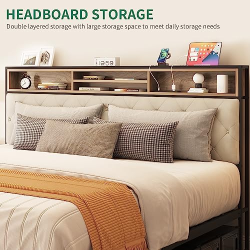 YITAHOME King Size Bed Frame, Platform Bed Frame with Charging Station, Upholstered Storage Headboard & Footboard Metal Slats Supports Mattress Foundation, No Box Spring Needed, Beige