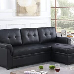 KELRIA L-Shape Reversible PU Leather Sleeper Sectional Sofa with Storage Chaise, Modern Corner Couch with Arms for Living Room, Home Furniture, Apartment, Dorm, Black