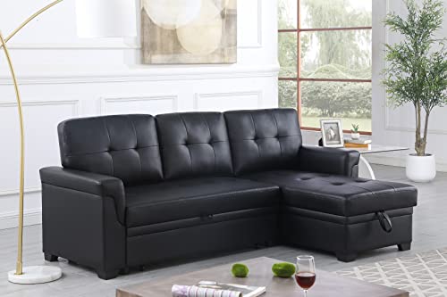 KELRIA L-Shape Reversible PU Leather Sleeper Sectional Sofa with Storage Chaise, Modern Corner Couch with Arms for Living Room, Home Furniture, Apartment, Dorm, Black