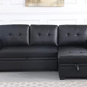 KELRIA L-Shape Reversible PU Leather Sleeper Sectional Sofa with Storage Chaise, Modern Corner Couch with Arms for Living Room, Home Furniture, Apartment, Dorm, Black