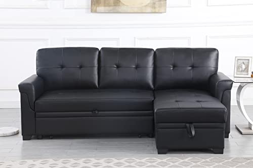 KELRIA L-Shape Reversible PU Leather Sleeper Sectional Sofa with Storage Chaise, Modern Corner Couch with Arms for Living Room, Home Furniture, Apartment, Dorm, Black