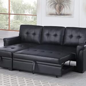 KELRIA L-Shape Reversible PU Leather Sleeper Sectional Sofa with Storage Chaise, Modern Corner Couch with Arms for Living Room, Home Furniture, Apartment, Dorm, Black