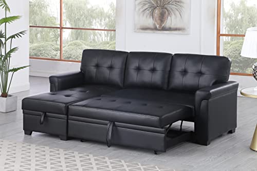 KELRIA L-Shape Reversible PU Leather Sleeper Sectional Sofa with Storage Chaise, Modern Corner Couch with Arms for Living Room, Home Furniture, Apartment, Dorm, Black