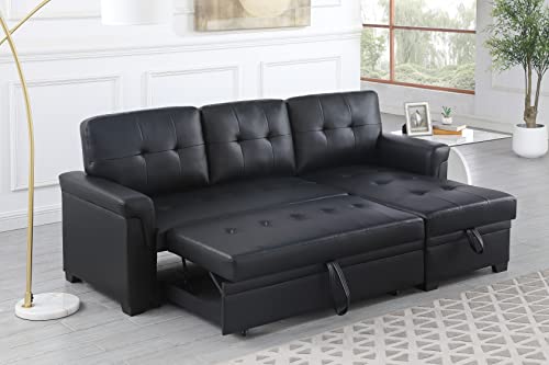 KELRIA L-Shape Reversible PU Leather Sleeper Sectional Sofa with Storage Chaise, Modern Corner Couch with Arms for Living Room, Home Furniture, Apartment, Dorm, Black