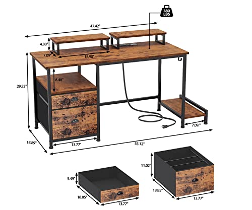 Furologee Computer Desk and Printer Stand, Desk with Power Outlets, 47" Office Desk with 2 Monitor Stands and Fabric File Cabinet, 3 Tier Printer Table with Wheels and 2 Hooks, for Home Office