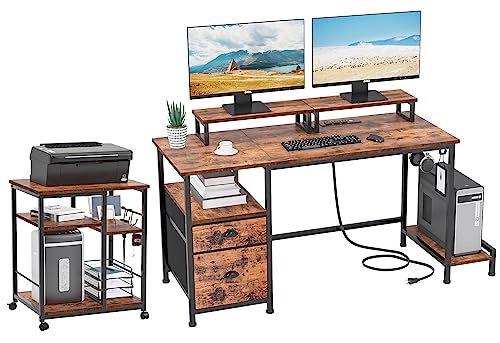 Furologee Computer Desk and Printer Stand, Desk with Power Outlets, 47" Office Desk with 2 Monitor Stands and Fabric File Cabinet, 3 Tier Printer Table with Wheels and 2 Hooks, for Home Office