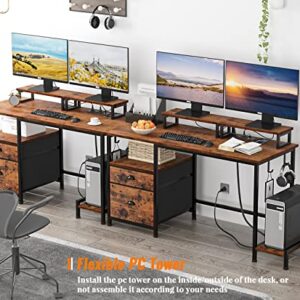 Furologee Computer Desk and Printer Stand, Desk with Power Outlets, 47" Office Desk with 2 Monitor Stands and Fabric File Cabinet, 3 Tier Printer Table with Wheels and 2 Hooks, for Home Office