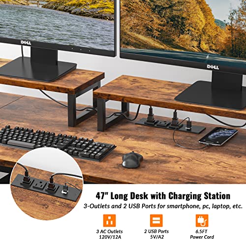 Furologee Computer Desk and Printer Stand, Desk with Power Outlets, 47" Office Desk with 2 Monitor Stands and Fabric File Cabinet, 3 Tier Printer Table with Wheels and 2 Hooks, for Home Office