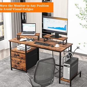 Furologee Computer Desk and Printer Stand, Desk with Power Outlets, 47" Office Desk with 2 Monitor Stands and Fabric File Cabinet, 3 Tier Printer Table with Wheels and 2 Hooks, for Home Office