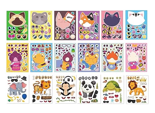 Make A Face Animal Stickers, Safari Theme Party Favors Stickers Birthday Activities Supplies Craft for Kids Toddlers, DIY Zoo Animal Stickers for Water Bottle Laptop Decal (18 Sheets Stickers)