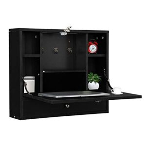 Wall Mounted Table Desk, Wall Workstation Computer Desk w/Storage Drawer & Shelves, Compact Floating Desk for Wall, Space Saving Wall Desk Fold Down, Wall Desks for Small Spaces (Black)