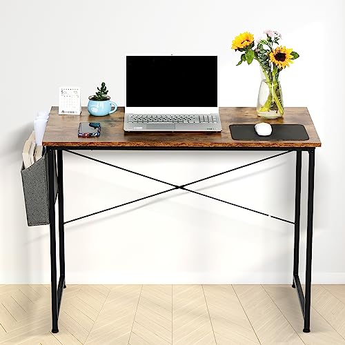 HealSmart Computer Office Desk 40 Inch Writing Small Space Study Table Modern Simple Style Worktable with Storage Bag for Home, Bedroom, Brown