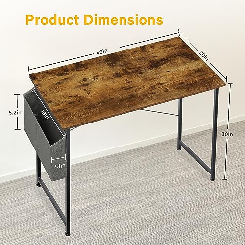 HealSmart Computer Office Desk 40 Inch Writing Small Space Study Table Modern Simple Style Worktable with Storage Bag for Home, Bedroom, Brown