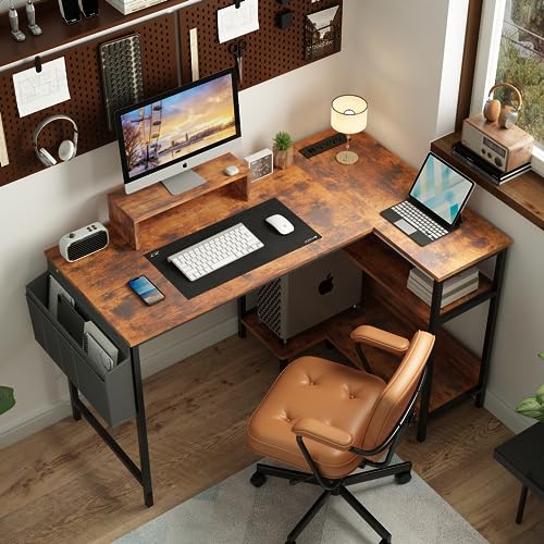 Yoobure L Shaped Desk with Storage Shelves 47 Inch Computer Desk with Outlets & USB Ports Home Office Desk with Monitor Stand Corner Desk for Small Space Study Table Small Desk L Desk with Storage Bag