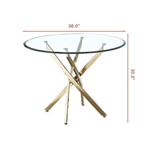 36" Round Dining Table for 4, Glass Kitchen & Dining Room Tables, Modern Circle Dining Room Table with 0.39" Tempered Glass Tabletop and Gold Finish Stainless Steel Legs for Dinner Small Spaces