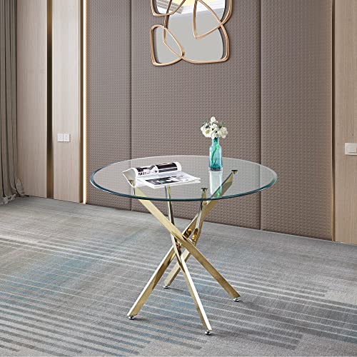 36" Round Dining Table for 4, Glass Kitchen & Dining Room Tables, Modern Circle Dining Room Table with 0.39" Tempered Glass Tabletop and Gold Finish Stainless Steel Legs for Dinner Small Spaces