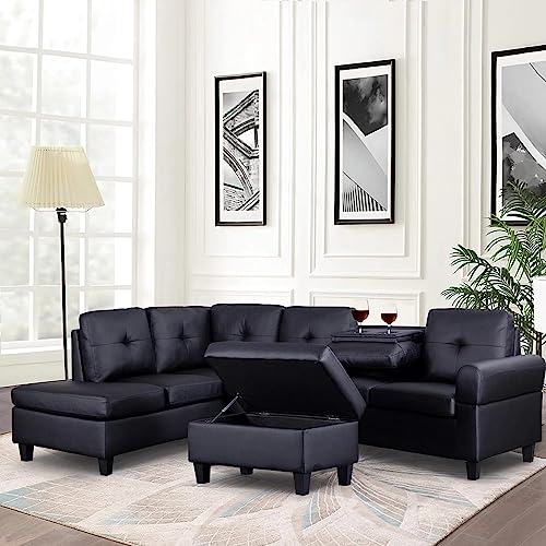 EMKK L-Shape Sofa Couch with Chaise Lounge,Modern Upholstery Sectional Sofá with Storage Ottoman for Living Room Furniture Set, Apartment and Large Space, Black