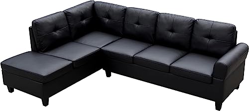 EMKK L-Shape Sofa Couch with Chaise Lounge,Modern Upholstery Sectional Sofá with Storage Ottoman for Living Room Furniture Set, Apartment and Large Space, Black