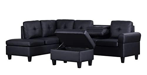 EMKK L-Shape Sofa Couch with Chaise Lounge,Modern Upholstery Sectional Sofá with Storage Ottoman for Living Room Furniture Set, Apartment and Large Space, Black