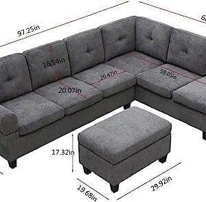 EMKK L-Shape Sofa Couch with Chaise Lounge,Modern Upholstery Sectional Sofá with Storage Ottoman for Living Room Furniture Set, Apartment and Large Space, Black