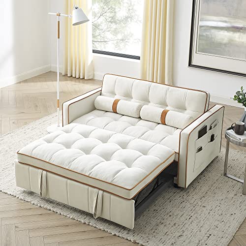 RUNWON Modern 55.5" Pull Out Sleep Bed 2 Seater Loveseats Sofa Couch with Side Pockets, Adjsutable Backrest and Lumbar Pillows for Apartment Office Living Room, Beige