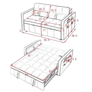 RUNWON Modern 55.5" Pull Out Sleep Bed 2 Seater Loveseats Sofa Couch with Side Pockets, Adjsutable Backrest and Lumbar Pillows for Apartment Office Living Room, Beige