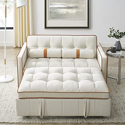 RUNWON Modern 55.5" Pull Out Sleep Bed 2 Seater Loveseats Sofa Couch with Side Pockets, Adjsutable Backrest and Lumbar Pillows for Apartment Office Living Room, Beige