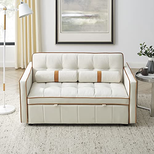 RUNWON Modern 55.5" Pull Out Sleep Bed 2 Seater Loveseats Sofa Couch with Side Pockets, Adjsutable Backrest and Lumbar Pillows for Apartment Office Living Room, Beige