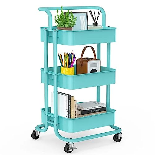 3 Tier Rolling Cart Organizer with Wheels, ADA Compliant, Metal Construction, Assembly Required, Spacious Storage Capacity, Lockable Casters, Hollow Carved Basket Design, 33.8'' H x 16.5'' W (Blue)