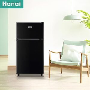 WANAI Compact Refrigerator 3.5 CU.FT Double Door Mini Fridge with Freezer Small Refrigerator with 7 Adjustable Temperature Side Door Wire Rack suit for Dorm Office Apartment Black