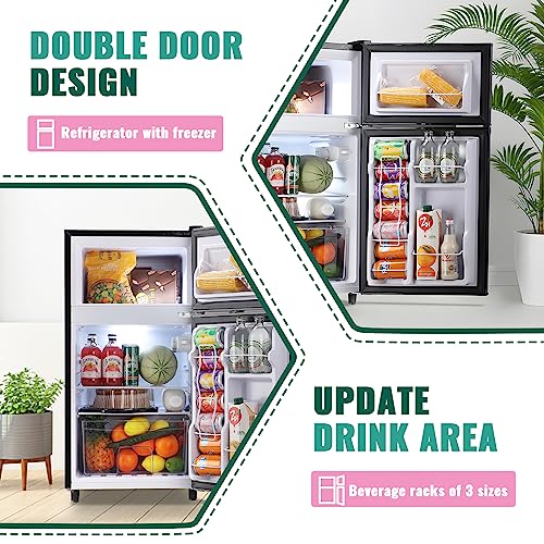 WANAI Compact Refrigerator 3.5 CU.FT Double Door Mini Fridge with Freezer Small Refrigerator with 7 Adjustable Temperature Side Door Wire Rack suit for Dorm Office Apartment Black