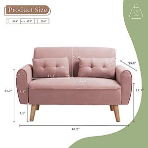 Vongrasig 47" Small Modern Loveseat Sofa, Mid Century Linen Fabric 2-Seat Sofa Couch Tufted Love Seat with Back Cushions and Tapered Wood Legs for Living Room, Bedroom and Small Space (Pink)