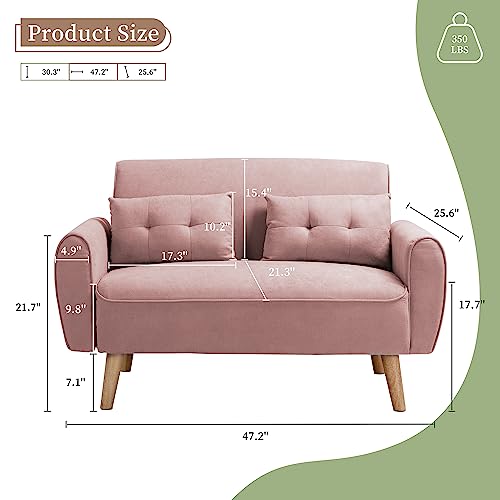 Vongrasig 47" Small Modern Loveseat Sofa, Mid Century Linen Fabric 2-Seat Sofa Couch Tufted Love Seat with Back Cushions and Tapered Wood Legs for Living Room, Bedroom and Small Space (Pink)