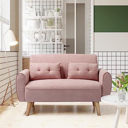 Vongrasig 47" Small Modern Loveseat Sofa, Mid Century Linen Fabric 2-Seat Sofa Couch Tufted Love Seat with Back Cushions and Tapered Wood Legs for Living Room, Bedroom and Small Space (Pink)