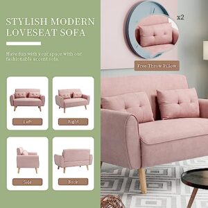 Vongrasig 47" Small Modern Loveseat Sofa, Mid Century Linen Fabric 2-Seat Sofa Couch Tufted Love Seat with Back Cushions and Tapered Wood Legs for Living Room, Bedroom and Small Space (Pink)